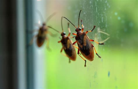Closeup View Of Stink Bugs On Window Three Bugs Crawling On Windowpane Reddish Brown Color