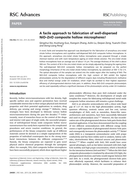 Pdf A Facile Approach To Fabrication Of Well Dispersed Niozno