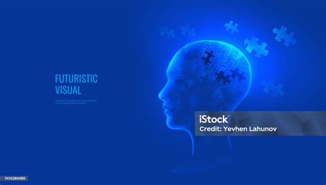 디지털 미래 스타일의 정신 건강 인간의 머리 형태의 퍼즐 심리학이나 기억 질환에 대한 개념 밝은 네온 효과가있는 어두운 밤 배경에 벡터 일러스트 레이 션 지그소 퍼즐에 대한