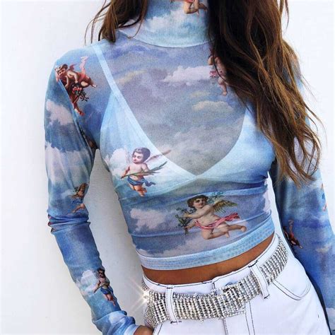 Retro Angel Cherub Printed Sheer Mesh High Neck Crop Top Sunifty