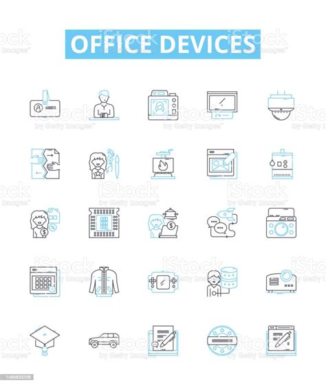 사무실 장치 벡터 라인 아이콘이 설정되었습니다 프린터 복사기 컴퓨터 모니터 스캐너 팩스 전화 그림 개요 개념 기호 및 기호