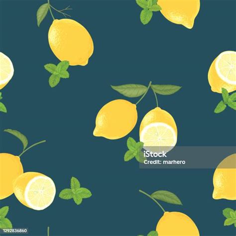 검은 배경 템플릿에 민트 잎 레몬 과일의 원활한 패턴 광고 레몬 민트 차 제품 및 패션 디자인의 포장 디자인에 대한 레몬 요소의 벡터 세트 0명에 대한 스톡 벡터 아트 및