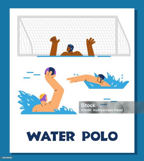 수구 게임 텍스트가 있는 포스터 평면 벡터 그림 수영장에서 수구를 하는 남자들 골대에 공을 던지는 프로 선수들 건강한 생활방식에 대한 스톡 벡터 아트 및 기타 이미지