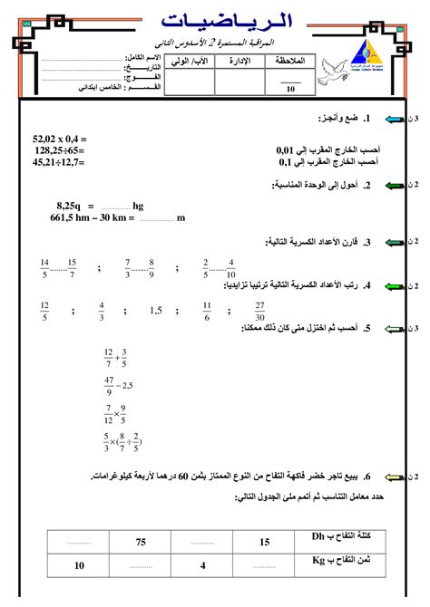 الفرض 2 نموذج 5 الرياضيات خامس إبتدائي الدورة الثانية Alloschool