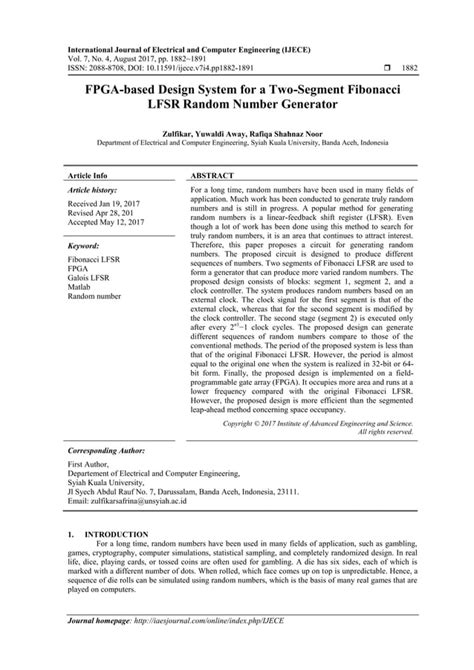 fpga based design system for a two segment fibonacci lfsr random number