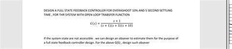 Solved Design A Full State Feedback Controller For