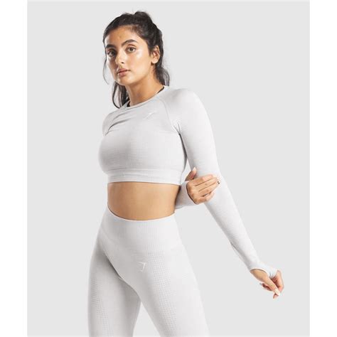 Gym Shark Vital Seamless Long Sleeve Crop Top Light Grey Marl