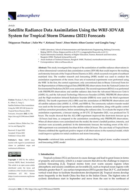 Pdf Satellite Radiance Data Assimilation Using The Wrf 3dvar System For Tropical Storm Dianmu