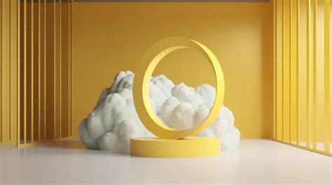 Circular Window With Fluffy Clouds In 3d Rendering And Yellow Round