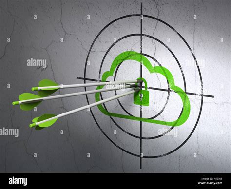 Cloud Computing Concept Arrows In Cloud With Padlock Target On Wall