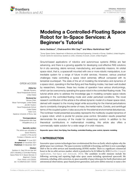 Pdf Modeling A Controlled Floating Space Robot For In Space Services