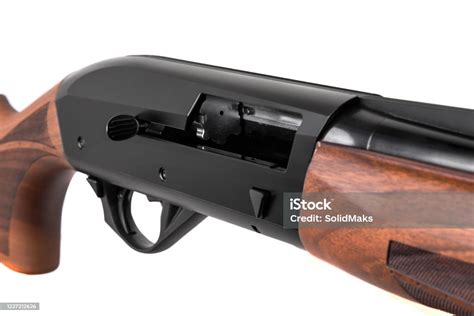 스포츠 레크리에이션 및 사냥을위한 12 구경 산탄총 흰색 배경에 고립 된 나무 엉덩이와 팔뚝이있는 반자동 산탄총 산탄총에 대한