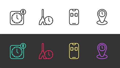 라인 알람 시계 앱 모바일 청소 시간 및 시간대 시계를 흑백으로 설정합니다 벡터 Brand Name Smart Phone에 대한 스톡 벡터 아트 및 기타 이미지