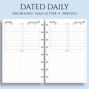 Dated Daily Planner Inserts To Do List Dot Grid Notes Section DO1P Junior Half Letter Size