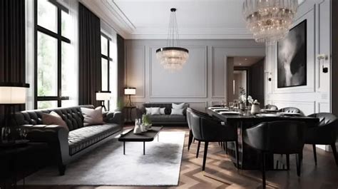 고급스러운 장식과 가죽 소파는 3d 렌더링으로 현대적인 식사 공간과 거실 공간을 장식합니다 고급 아파트 호텔 인테리어 고급스러운 인테리어 배경 일러스트 및 사진 무료