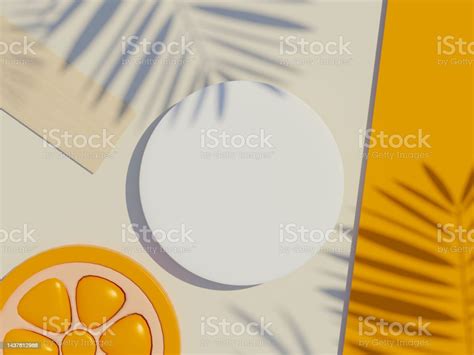 3d는 여름 배경이 있는 야자수 잎의 그림자가 있는 제품을 모형화하고 전시하기 위한 흰색 빈 실린더 프레임의 평면도를 렌더링합니다 0명에 대한 스톡 사진 및 기타 이미지