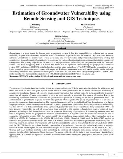 Pdf Estimation Of Groundwater Vulnerability Using Remote Sensing And