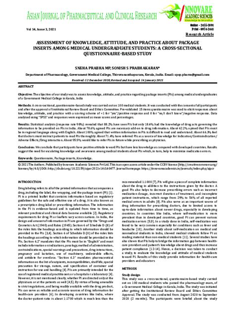 Pdf Assessment Of Knowledge Attitude And Practice About Package Inserts Among Medical