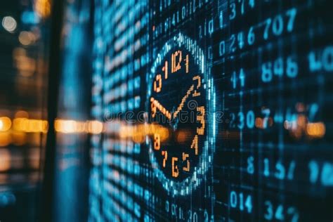 Digital Clock Displays Current Time Alongside Flowing Binary Data In A
