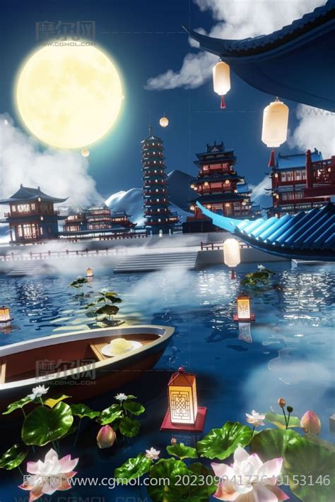 中秋节国风亭台楼阁大场景C4D模型 oc渲染 古代场景模型下载 摩尔网CGMOL
