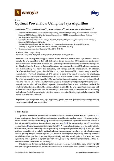 Pdf Optimal Power Flow Using The Jaya Algorithm