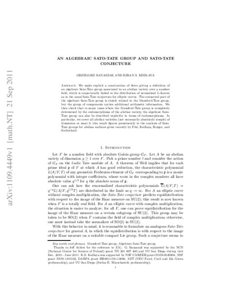 Pdf An Algebraic Sato Tate Group And Sato Tate Conjecture