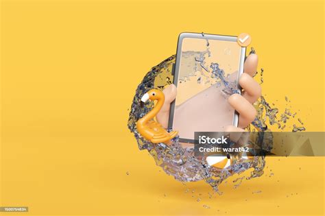 물이 튀는 스마트폰을 들고 있는 3d 손 노란색 배경에 분리된 플라밍고 휴대폰 온라인 쇼핑 여름 여행 휴가 개념 3d 렌더링 일러스트레이션을 사용하는 손 3차원 형태에 대한