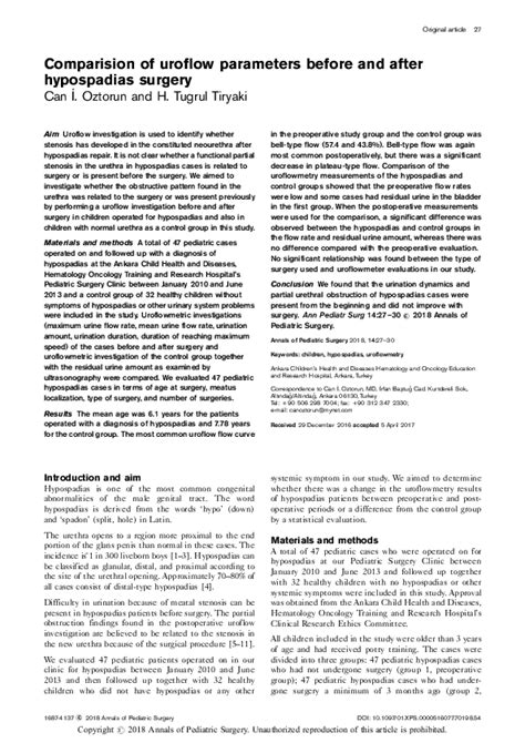 Pdf Comparision Of Uroflow Parameters Before And After Hypospadias