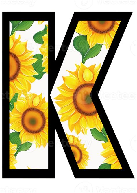 Sunflower Floral Alphabet Letter K With Yellow Sunflower Pattern