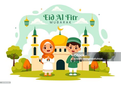 행복한 이드 알 피트르 무바라크 이 특별한 날에 모스크와 무슬림 축제를 특징으로 하는 일러스트레이션은 모두에게 평화와 행복을 가져다줍니다 Eid Mubarak에 대한 스톡