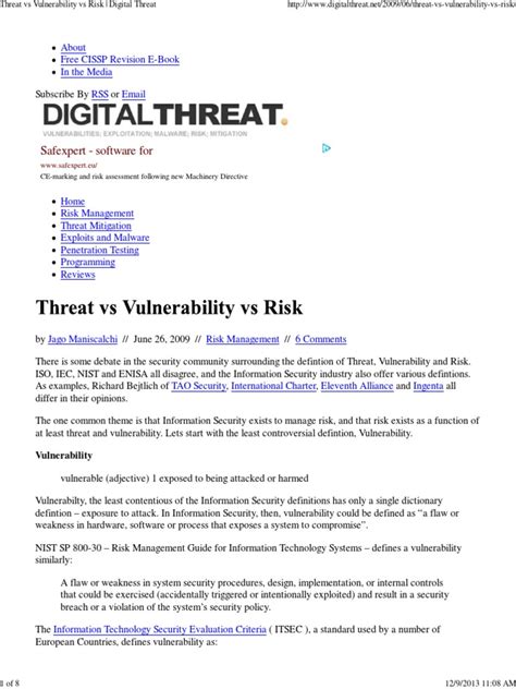 Threat Vs Vulnerability Vs Risk Digital Threat Pdf Threat