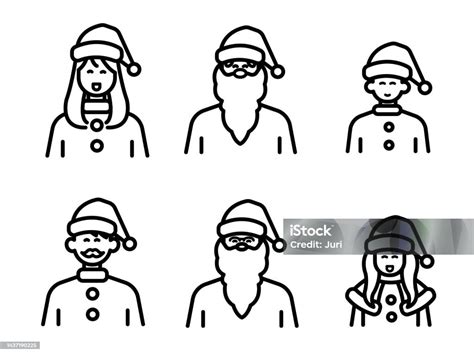 산타클로스로 옷을 입은 사람들의 아바타 그림 세트 선 그리기 12월에 대한 스톡 벡터 아트 및 기타 이미지 12월 검은색
