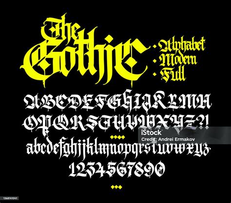 현대 고딕 전체 영어 알파벳 벡터 중세 어퍼 케이스 와 소문자 라틴어 문자 디자인에 대한 징후와 기호 고대 유럽 스타일 서예와 글자 숫자 가공의 인물에 대한 스톡 벡터 아트