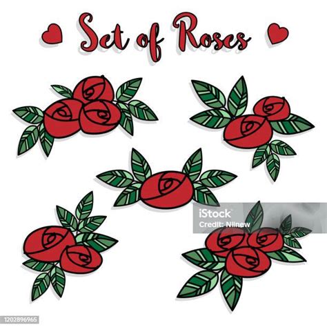 낙서 장미 빨간 장미와 흰색 배경과 예에 녹색 잎의 집합입니다 디자인과 발렌타인 데이 인사말 컬렉션입니다 벡터 그림입니다 0명에 대한 스톡 벡터 아트 및 기타 이미지