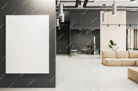 현대적인 오피스 로비 인테리어 베이지 소파 콘크리트 바닥 벽에 색 모의 배너 3d 렌더링 프리미엄 사진