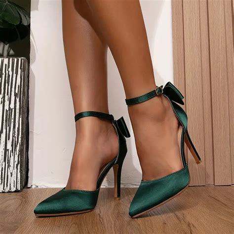 Womens Satin Dorsay High Heels Pointed Toe Bowknot Ankle Temu