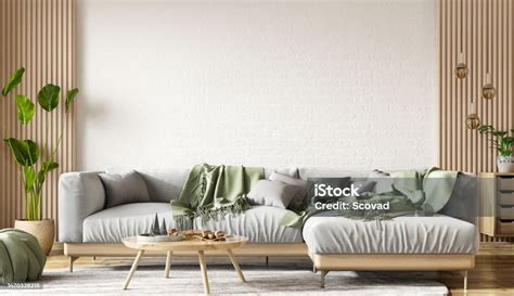 현대적인 아파트의 인테리어 디자인 흰색 벽돌 벽 위에 코너 소파가 있는 거실 커피 테이블이 있는 홈 인테리어 3d 렌더링 0명에 대한 스톡 사진 및 기타 이미지 Istock