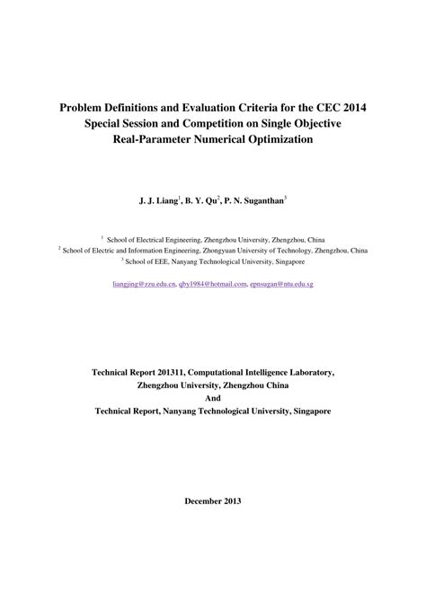 Pdf Problem Definitions And Evaluation Criteria For The Cec 2014