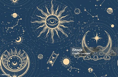 태양 달 별 코스모스 배경 타로 스타일 공간 및 추상 점성술 마법 하늘 벡터와 완벽 한 신비로운 패턴 점성술 기호에 대한 스톡 벡터 아트 및 기타 이미지 Istock