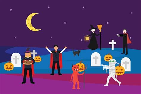 뱀파이어 마녀 미라 악마 등 다양한 의상을 입은 아이들과 함께하는 할로윈 야경기본 Rgb 10월에 대한 스톡 벡터 아트 및 기타 이미지 Istock