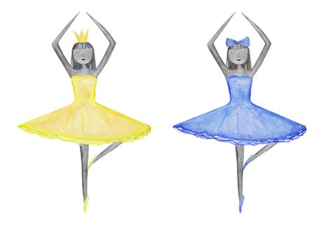 2 명의 아프리카 계 미국인 발레리나 세트가 흰색 배경에 격리되어 있습니다 파란색과 노란색 드레스를 입은 수채화 발레 캐릭터 귀여운 젊은 댄서들 호두 까기 인형 발레에서