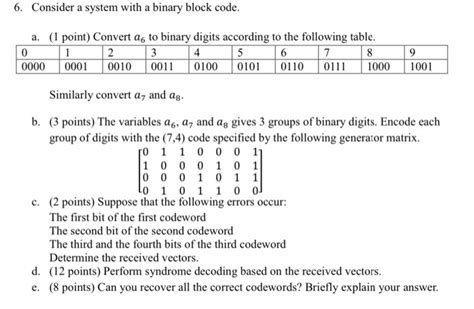 Solved 6 Consider A System With A Binary Block Code A 1