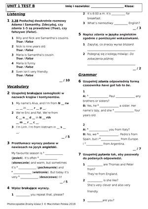 Brainy kl5 Unit Test 1 A Sprawdzian dla klasy 5 UNIT 1 Test A Imię