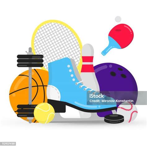 공을 가진 스포츠 게임 구성테니스 볼링 농구 아이스 스케이팅 신발과 탁구 라켓 퍽 등 스포츠 장비 평면 스타일 디자인 벡터 일러스트 레이 션 흰색 절연