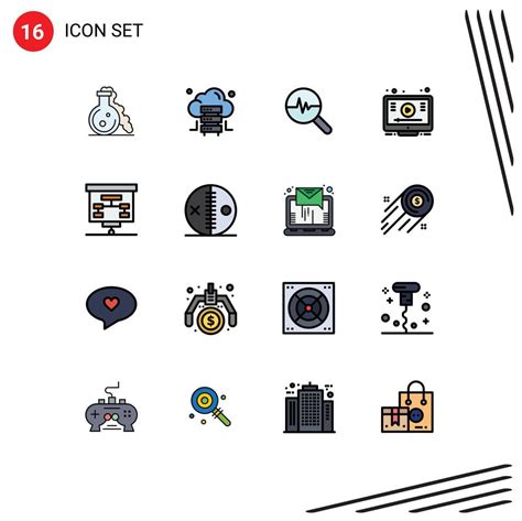 Mobile Interface Flat Color Filled Line Set Of 16 Pictograms Of Presentation Chart Info Graphics