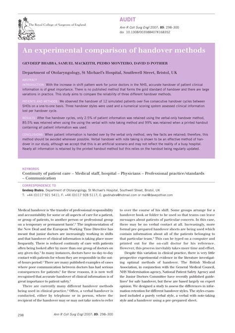 PDF An Experimental Comparison Of Handover Methods