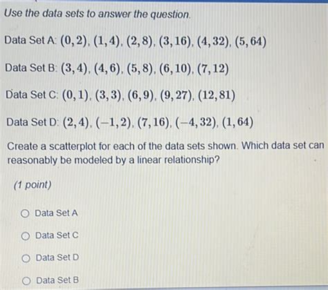 use data sets to answer question data set a 0 2 1 4 2 8 3 16
