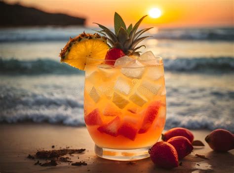Tropical Mocktail Cocktail At Sunset On The Beach Stock Illustration