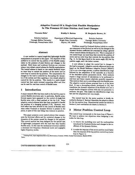 Pdf Adaptive Control Of A Single Link Flexible Manipulator In The Presence Of Joint Friction
