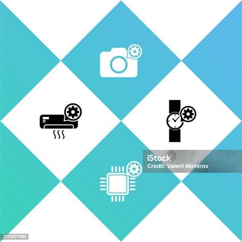 에어컨 설정 프로세서 사진 카메라 및 손목 시계 아이콘을 설정합니다 벡터 Cpu에 대한 스톡 벡터 아트 및 기타 이미지
